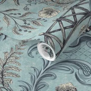 Spoonflower Raccoco Blue Custom Pre-pasted Wallpaper - Teal,blue,gray