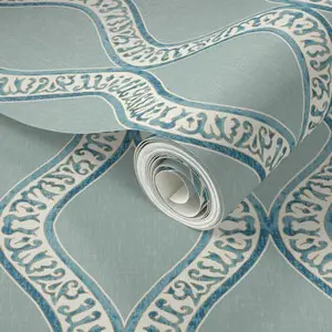 Spoonflower Blue Medieval Damask Renaissance Custom Removable Wallpaper - Mint,green,blue
