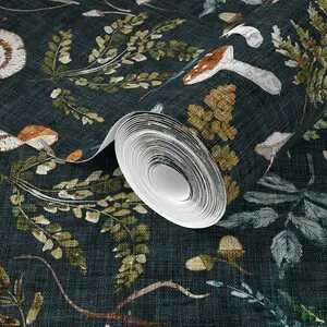 Spoonflower Black Vintage Nature Forest Woodland Leaf Fern Custom Removable Wallpaper - Teal