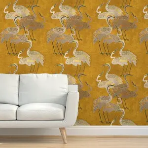 Spoonflower Deco Cranes Golden Birds Oriental Texture Custom Pre-pasted Wallpaper - Gold