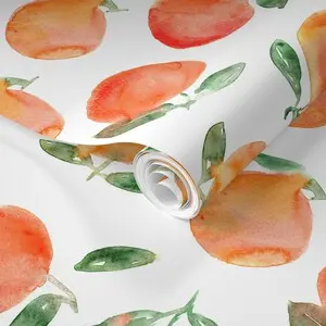 Spoonflower Watercolor Oranges Orange Fruit Citrus Kitchen Custom Removable Wallpaper - Orange,white,gray