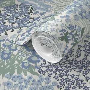 Spoonflower Wallpaper Botanical Meadow Flowers Summer Custom Pre-pasted Wallpaper - Blue
