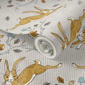 Spoonflower Rabbit Woodland Mushroom Damask Forest Nursery Custom Pre-pasted Wallpaper - White,brown,gray