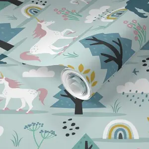 Spoonflower Believe In Wild Things And Rainbows Custom Pre-pasted Wallpaper - Blue,mint,green