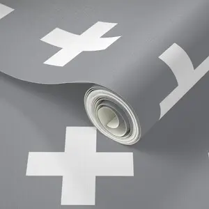 Spoonflower Plus Sign Cross White Modern Nursery Gender Custom Pre-pasted Wallpaper - Gray