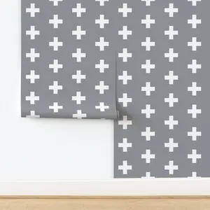 Spoonflower Plus Sign Cross White Modern Nursery Gender Custom Pre-pasted Wallpaper - Gray