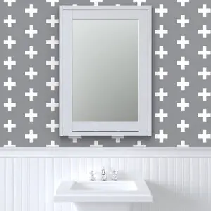 Spoonflower Plus Sign Cross White Modern Nursery Gender Custom Pre-pasted Wallpaper - Gray
