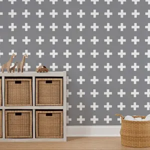 Spoonflower Plus Sign Cross White Modern Nursery Gender Custom Pre-pasted Wallpaper - Gray