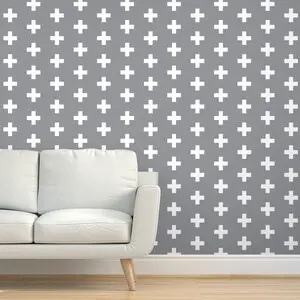 Spoonflower Plus Sign Cross White Modern Nursery Gender Custom Pre-pasted Wallpaper - Gray