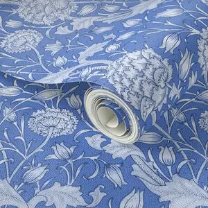Spoonflower Wild Blue White Floral Antique Arts Chintz Vintage Custom Pre-pasted Wallpaper Blue