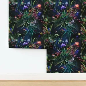 Spoonflower Butterflies Birds Wallpaper Hummingbirds Jungle 100% Natural Sisal Grasscloth Wallcovering