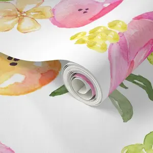 Spoonflower Watercolor Floral Spring Summer Colorful Pink Traditional Wallpaper - Pink,green