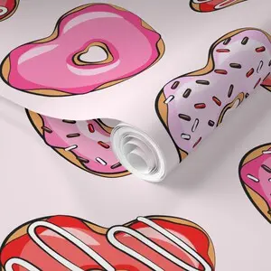 Spoonflower Heart Donuts Valentines Red Pink Light Sweets Custom Pre-pasted Wallpaper - Pink,brown