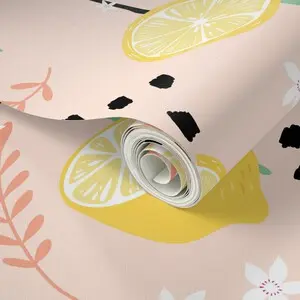 Spoonflower Lemons On Blush Pink Custom Pre-pasted Wallpaper