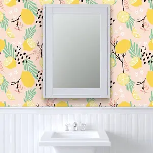 Spoonflower Lemons On Blush Pink Custom Pre-pasted Wallpaper