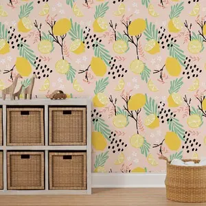 Spoonflower Lemons On Blush Pink Custom Pre-pasted Wallpaper