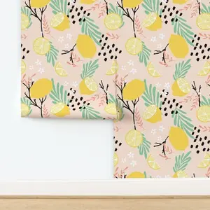 Spoonflower Lemons On Blush Pink Custom Pre-pasted Wallpaper