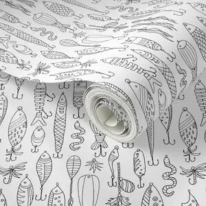 Spoonflower Fishing Black White Fish Line Drawing Coloring Traditional Wallpaper - White,black,gray