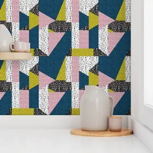 Spoonflower Postmodern Puzzle Memphis 1980s 1990s Geometric Custom Pre-pasted Wallpaper