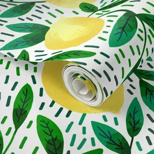Spoonflower Lemons White Green Fruit Citrus Kitchen Lemon Traditional Wallpaper - Green,yellow,white