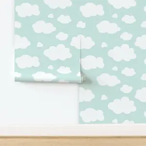 Spoonflower Clouds Mint Cloud Sky Weather Nursery Custom Pre-pasted Wallpaper