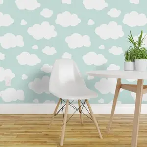 Spoonflower Clouds Mint Cloud Sky Weather Nursery Custom Pre-pasted Wallpaper