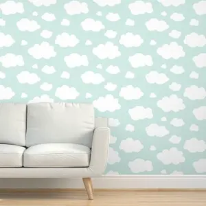 Spoonflower Clouds Mint Cloud Sky Weather Nursery Custom Pre-pasted Wallpaper