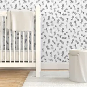 Spoonflower Black And White Grey Summer Tropical Nursery Custom Pre-pasted Wallpaper