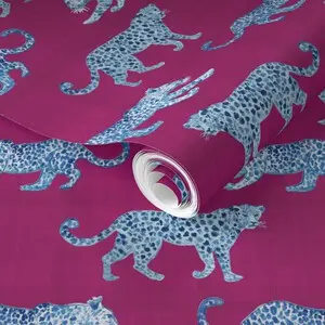 Spoonflower Leopard Parade Blue Magenta Leopards Animal Print Custom Pre-pasted Wallpaper - Purple,blue,pink