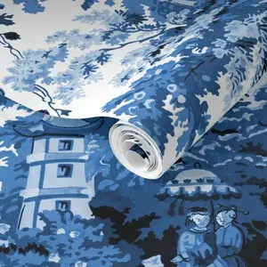 Spoonflower Chinoiserie Angel White Toile Asian Chinese Traditional Wallpaper - Blue