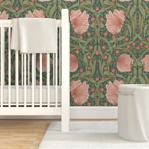 Spoonflower Floral Victorian William Morris Arts And Crafts Traditional Wallpaper - Green