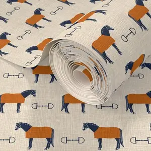 Spoonflower Blankets And Bits Horses Small Scale 100% Natural Sisal Grasscloth Wallcovering - Orange,beige