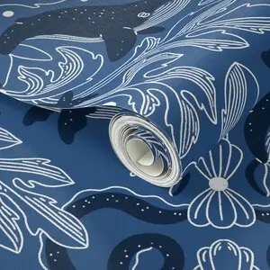 Spoonflower Nautical Damask Pattern Whales Vintage Stars Traditional Wallpaper - Blue