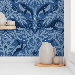 Spoonflower Nautical Damask Pattern Whales Vintage Stars Traditional Wallpaper