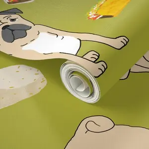 Spoonflower Pug Pugs Dog Tacos Mexican Food Traditional Wallpaper - Green,beige,brown