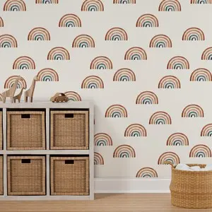 Spoonflower Big Rainbows Beige Neutral Custom Pre-pasted Wallpaper - Rainbow