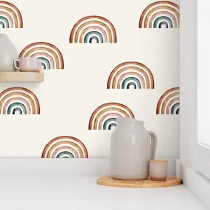 Spoonflower Big Rainbows Beige Neutral Custom Pre-pasted Wallpaper - Rainbow