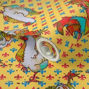 Spoonflower Chickens Fleur De Lis Farm Animals Rooster Farming Custom Pre-pasted Wallpaper Yellow,blue,red