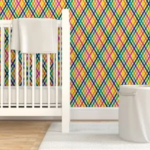 Spoonflower Multi Gingham Plaid Cross Diamonds Stripe Traditional Wallpaper - Rainbow