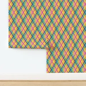 Spoonflower Multi Gingham Plaid Cross Diamonds Stripe Traditional Wallpaper - Rainbow