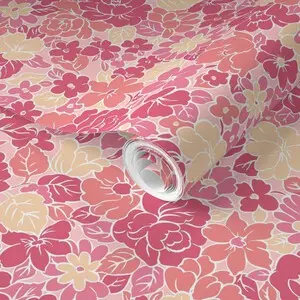 Spoonflower Pink Yellow Red Floral Orange Garden Custom Pre-pasted Wallpaper - Pink,red