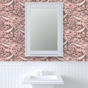Spoonflower Narwhal Toile Desaturated Pink Custom Pre-pasted Wallpaper