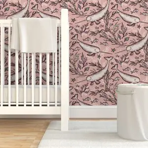 Spoonflower Narwhal Toile Desaturated Pink Custom Pre-pasted Wallpaper