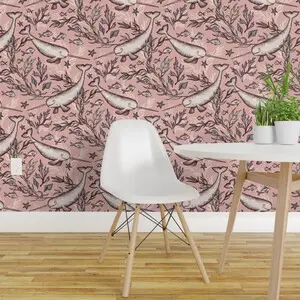 Spoonflower Narwhal Toile Desaturated Pink Custom Pre-pasted Wallpaper