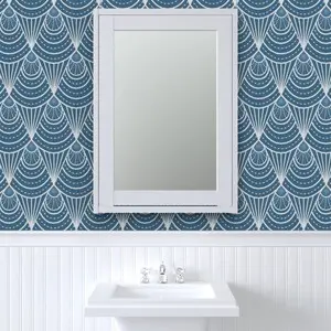 Spoonflower Vintage Blue Retro Geometric Art Deco Beads Custom Pre-pasted Wallpaper - Blue,gray