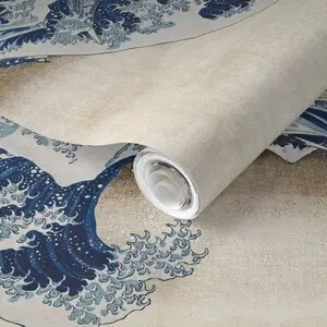 Spoonflower Japanese Ocean Wave Woodcut Hokusai Custom Pre-pasted Wallpaper - White,blue,brown