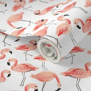 Spoonflower Flamingo Party Small Flamingos Pink Black White Custom Pre-pasted Wallpaper - Pink,white,red