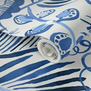 Spoonflower Leaves Nature Forest Jungle Beach Custom Pre-pasted Wallpaper - Blue