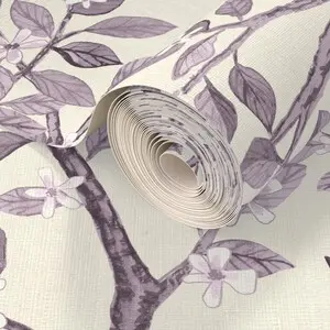 Spoonflower Violet On Cream Elsie's Garden 100% Natural Sisal Grasscloth Wallcovering - Violet,purple