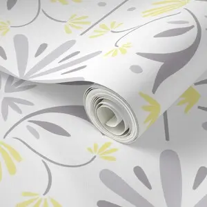 Spoonflower White Yellow Floral Grey Geometric Tile Traditional Wallpaper - Gray,green